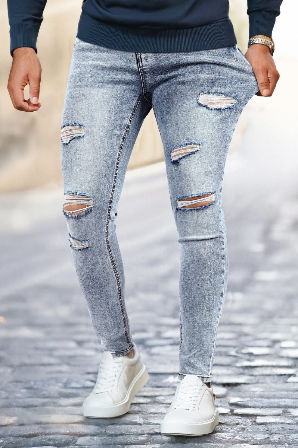 Mens Skinny Denim Blue Jeans - Ripped For Sale – GINGTTO